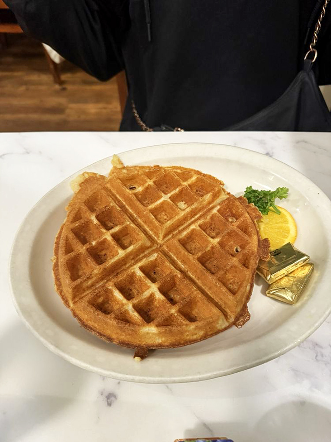 This Belgian waffle has the kind of perfect golden geometry that would make mathematicians weep with joy. The crisp exterior gives way to cloud-like softness within.