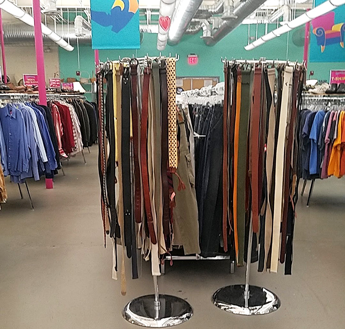 The belt display resembles a colorful pinwheel of leather and fabric – proof that one person's castoff is another's fashion statement.