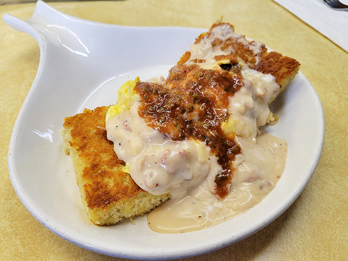 The star of the show: biscuits drowning happily in a sea of peppery gravy. Not diet food, but definitely worth the extra mile on tomorrow's run.