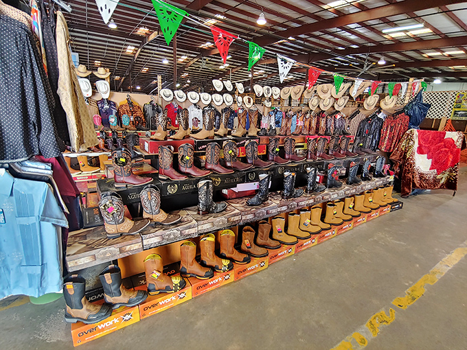 Boot paradise! Rows of western footwear stand at attention, each pair telling a different story. Cowboy dreams sold separately.