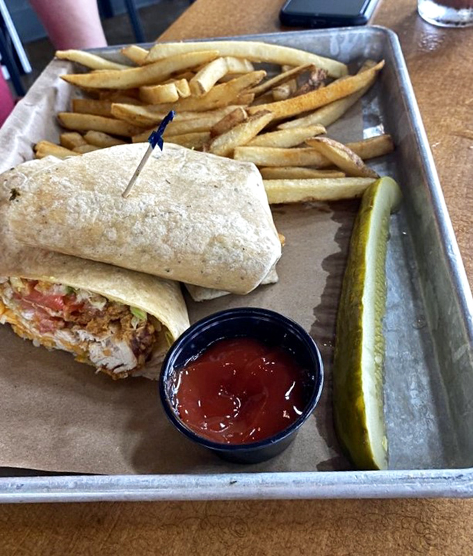 The humble wrap elevated to art form. Crispy fries alongside make this the lunch equivalent of finding money in your winter coat.