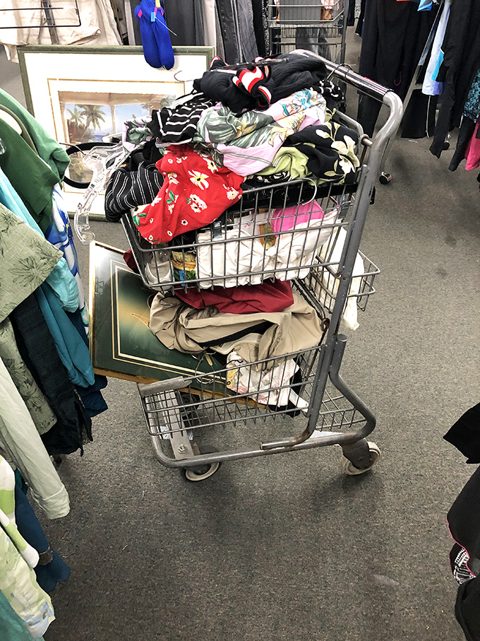 The ultimate thrift store trophy cart: a mountain of potential treasures waiting to be sorted, with clothing, artwork, and possibilities stacked high.