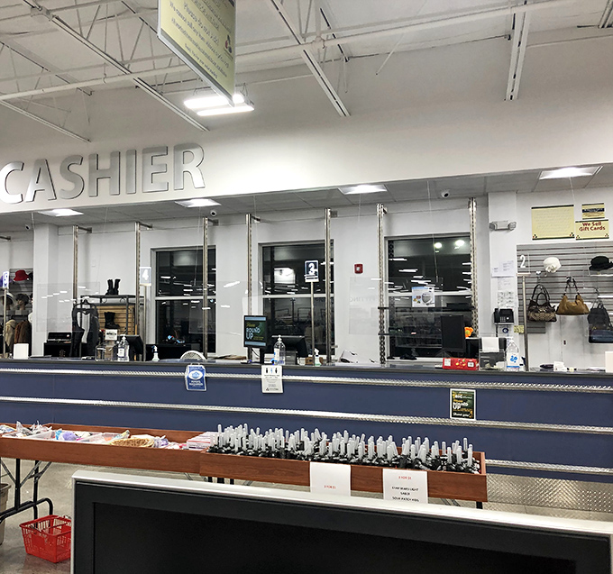 The final frontier of your thrifting journey&mdash;cashiers ready to ring up your finds while you mentally calculate how much you saved over retail.