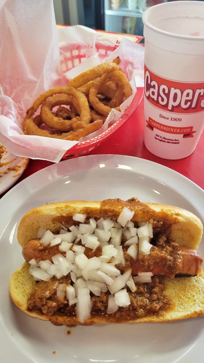 The chili dog comes loaded with diced onions and Casper's famous chili—a beautiful mess that's worth every napkin you'll need to clean up afterward.