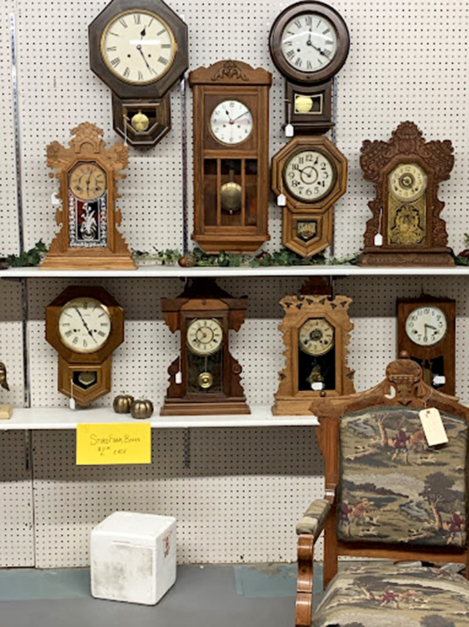 A battalion of antique timepieces stands ready, each one ticking away with stories from another century.