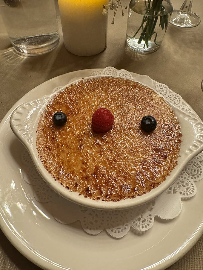 Cr&egrave;me br&ucirc;l&eacute;e with the perfect glass-like sugar top that makes that satisfying crack when tapped. Dessert ASMR at its most delicious.