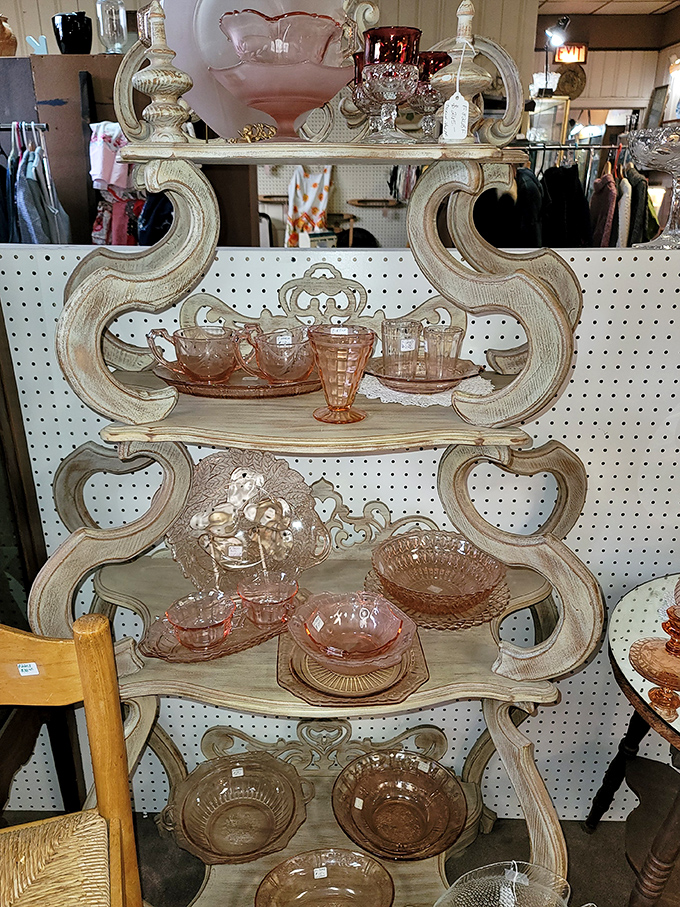 Depression glass heaven! These blush-pink treasures survived the Great Depression and now wait to brighten someone's modern dining table.