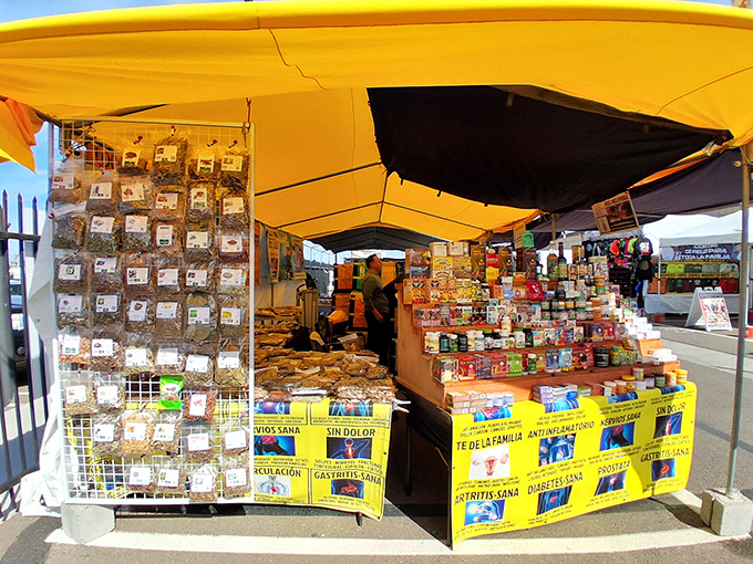 A medicinal herb vendor's stall looks like a pharmacy from another era, where remedies come with stories passed down through generations.