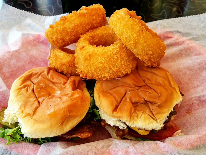 Double cheeseburger with onion rings&mdash;proof that sometimes the simplest pleasures are the most profound. No foodie hashtags required, just pure satisfaction.