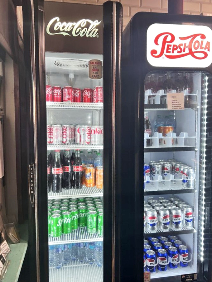 Old-school soda coolers standing side by side like the Coke vs. Pepsi debate made physical. Choose your refreshment allegiance!