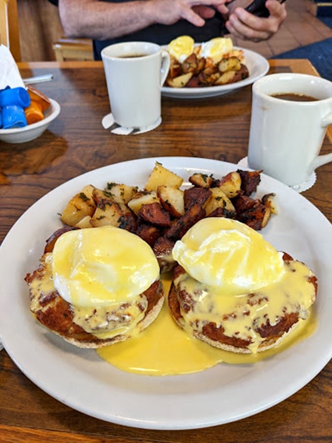 Eggs Benedict done right: perfectly poached eggs on a throne of English muffins, draped in hollandaise that's worth the drive alone.