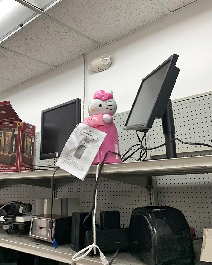 Hello Kitty presides over the electronics section like a pink plastic deity of secondhand tech. Even she can't resist a good bargain.