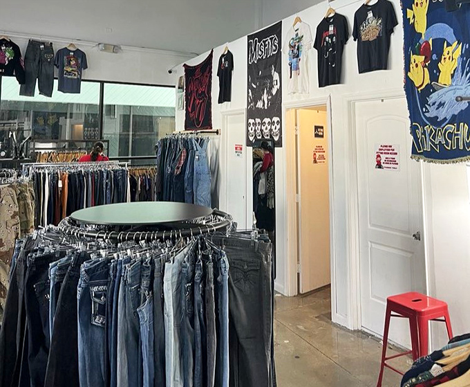 Band tees and pop culture memorabilia line the walls like a shrine to nostalgia. The Misfits shirt your cool uncle wore in the 80s? It's found a temporary home here.