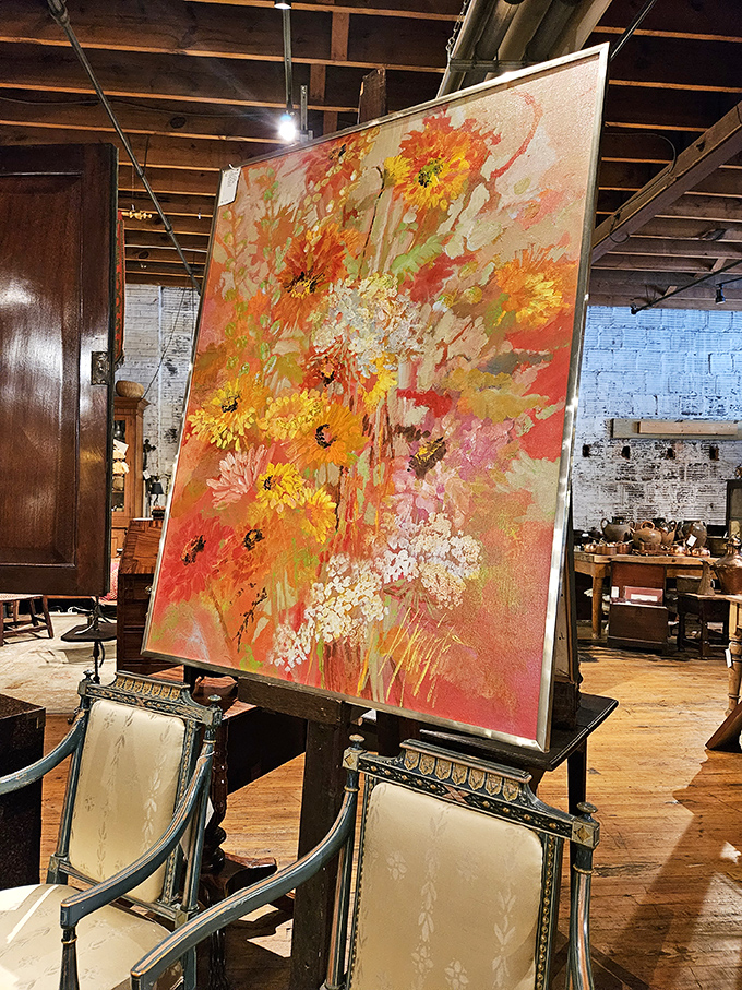 A riot of color erupts from this vintage floral painting—like autumn decided to throw a party and invited all the most vibrant guests.