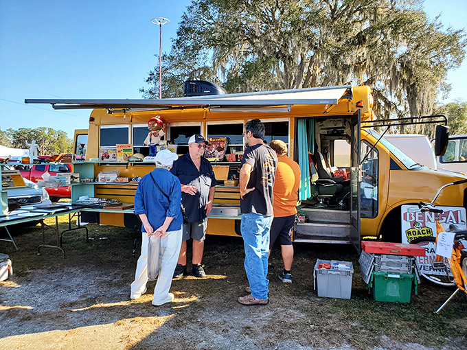 This repurposed school bus proves that retirement can be a beautiful thing, now serving as command central for vintage collectibles.
