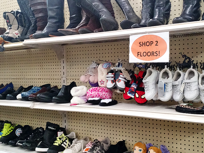 The footwear section spans from practical to whimsical&mdash;where else can Spider-Man slippers and leather boots coexist in budget-friendly harmony?