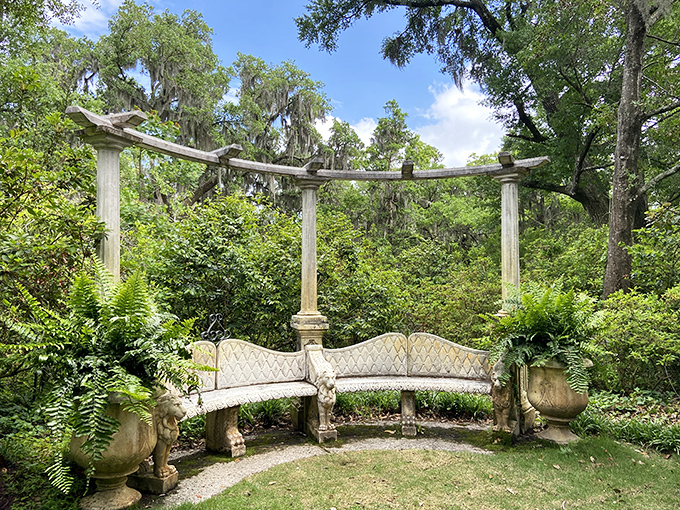 This curved stone bench surrounded by classical columns offers a royal seat for commoners. Shakespeare could have written sonnets here.