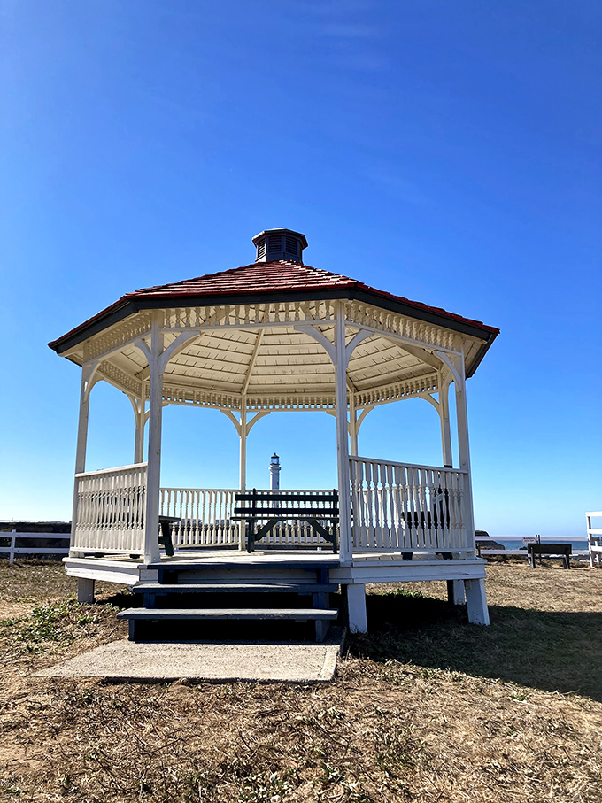 This charming gazebo offers the perfect frame for lighthouse views and contemplative moments. It's like a Victorian-era Instagram filter come to life. 