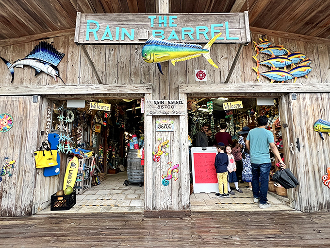 The Rain Barrel's rustic charm embodies the Keys' laid-back vibe, with colorful fish sculptures announcing your arrival to this artisan village.