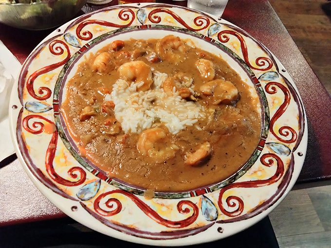 A bowl of gumbo that would make New Orleans jealous, with plump shrimp surrounding an island of rice in a sea of rich, complex broth.