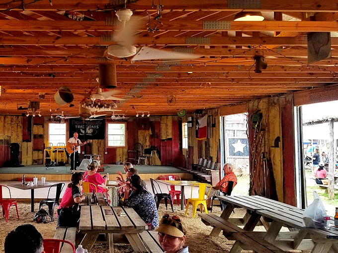 Picnic tables and live music&mdash;the perfect respite when your shopping legs need a break. The rustic wooden walls have probably heard a million Texas tales.