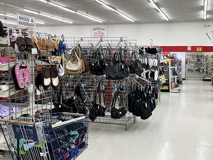 Purses and bags dangle like fashion fruit, each one carrying stories of nights out long past.