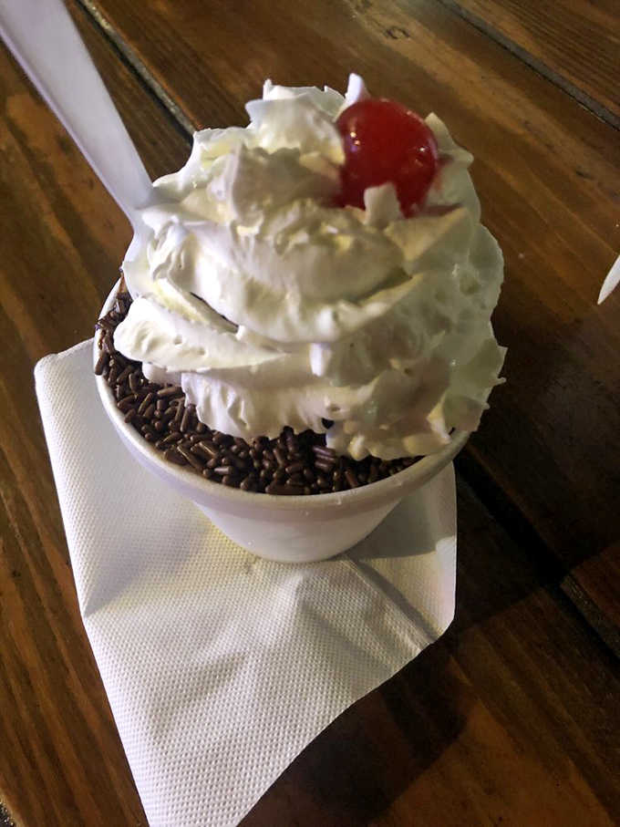 This hot fudge sundae isn't just dessert, it's therapy&mdash;chocolate sprinkles and whipped cream creating a momentary escape from reality one spoonful at a time.