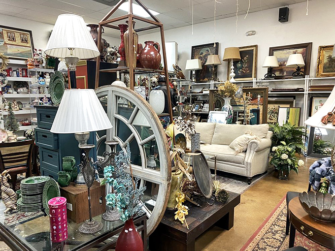 A furniture vignette worthy of a magazine spread. That wagon wheel could anchor your living room or serve as conversation starter extraordinaire.