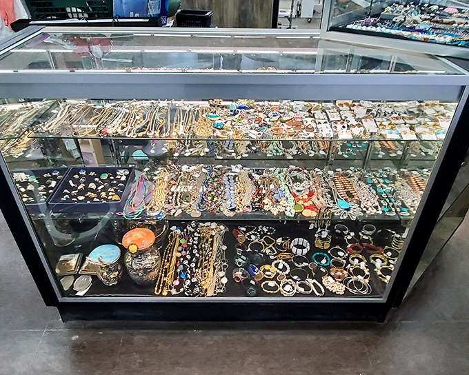 The jewelry counter sparkles with possibility. Like an archaeological dig for accessory lovers, these cases hold everything from costume pieces to occasional hidden gems.