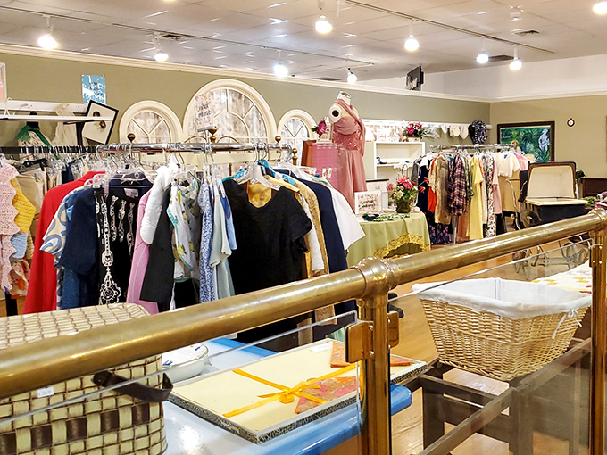 Ladies' apparel hangs with dignified patience, each piece hoping for a second dance. That purple dress might just be someone's next favorite outfit.