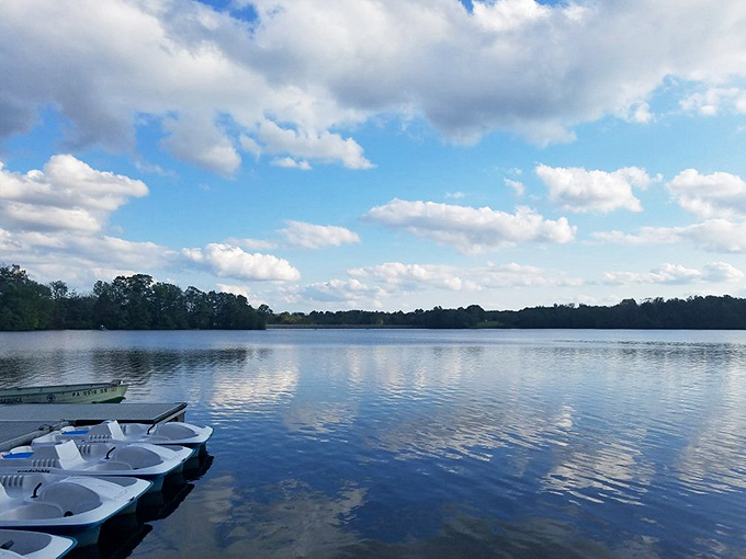 Cloud reflections create a double sky effect, while the row of boats stands ready for those wise enough to escape the digital world.