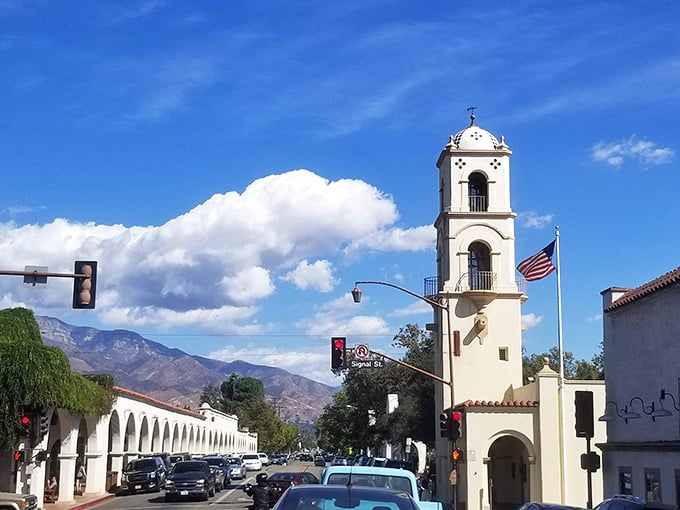 Ojai's main street, where the iconic bell tower stands sentinel over a town that's mastered the art of slowing down without stopping.