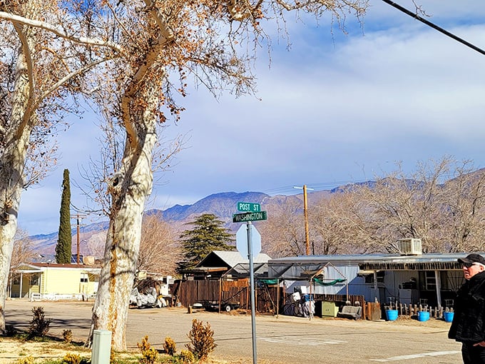 Small town crossroads where Post Street meets possibility. The mountains standing guard remind you you're somewhere special.