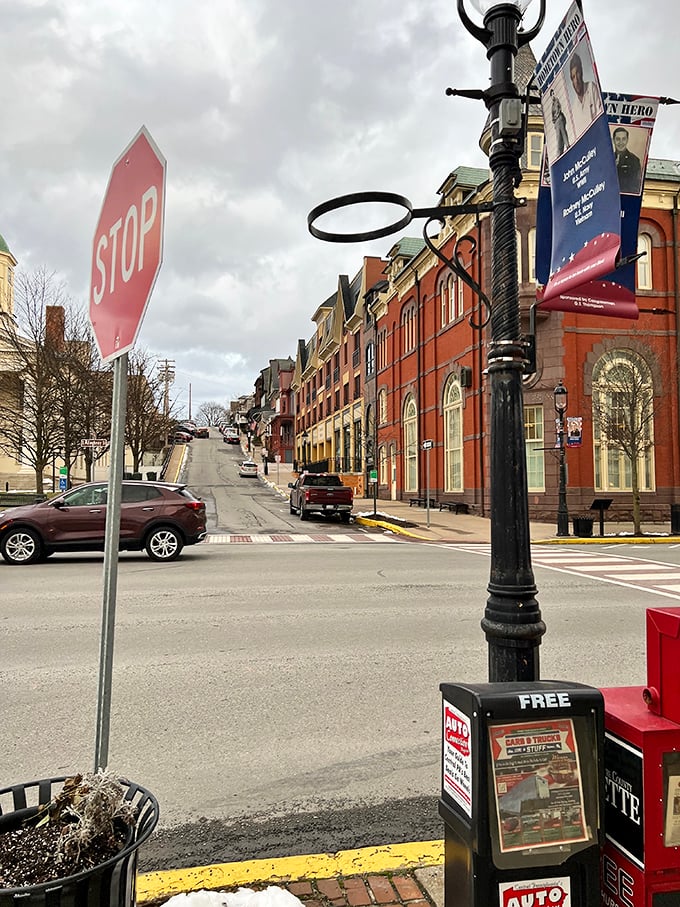 Even on cloudy days, Bellefonte's streetscape offers a masterclass in small-town charm with its vintage lampposts and historic buildings.