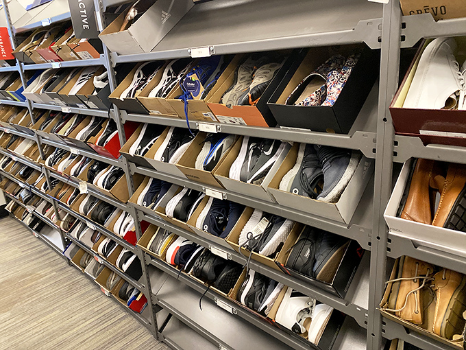 The shoe section: a footwear library where each pair has walked a different path before arriving at this crossroads of possibility.