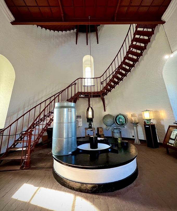 Inside the lighthouse, that spiral staircase beckons like something from a Hitchcock film, minus the suspense.