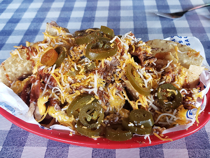 Nachos that refuse to be ignored. Each chip a brave soldier carrying its burden of cheese, jalape&ntilde;os, and happiness to your eagerly waiting taste buds.