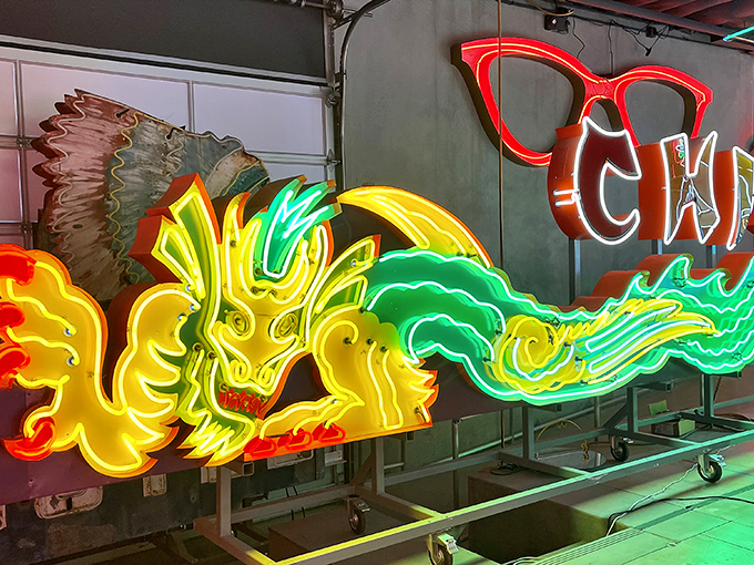 Ancient mythology meets modern electricity in this spectacular neon dragon&mdash;breathing fire-colored light instead of actual flames, thankfully.