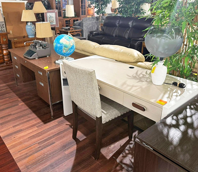 Mid-century desks meet modern workspaces. That vintage typewriter is just waiting for the next great American novel – or at least a strongly worded letter.