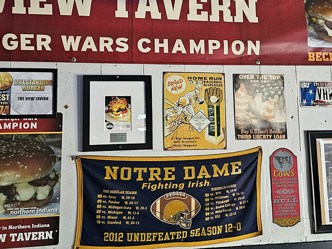 The Notre Dame banner and "Burger Wars Champion" sign tell you everything &ndash; this place has serious local cred and the trophies to prove it.