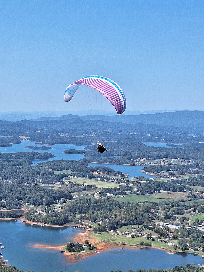 The ultimate "I'm flying, Jack!" moment. Paragliders launch from Bell Mountain to dance with the thermals above Lake Chatuge's shimmering waters.