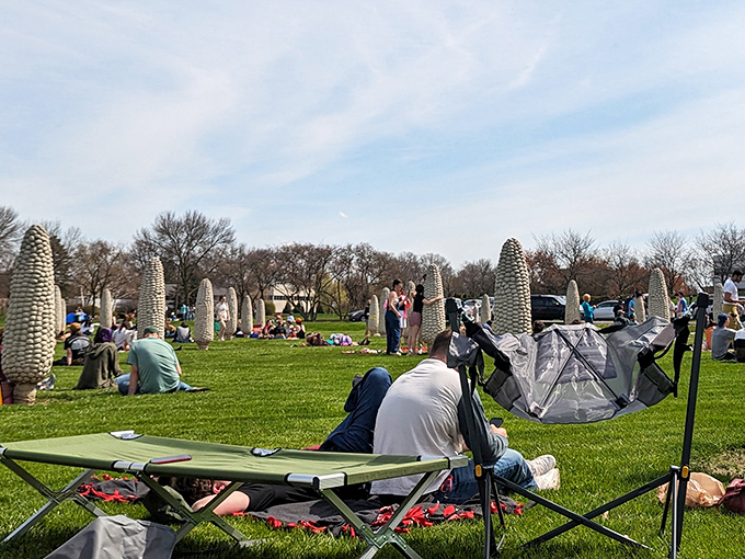 The Field of Corn doubles as a community gathering space where families spread out blankets, proving art can be both thought-provoking and picnic-friendly.