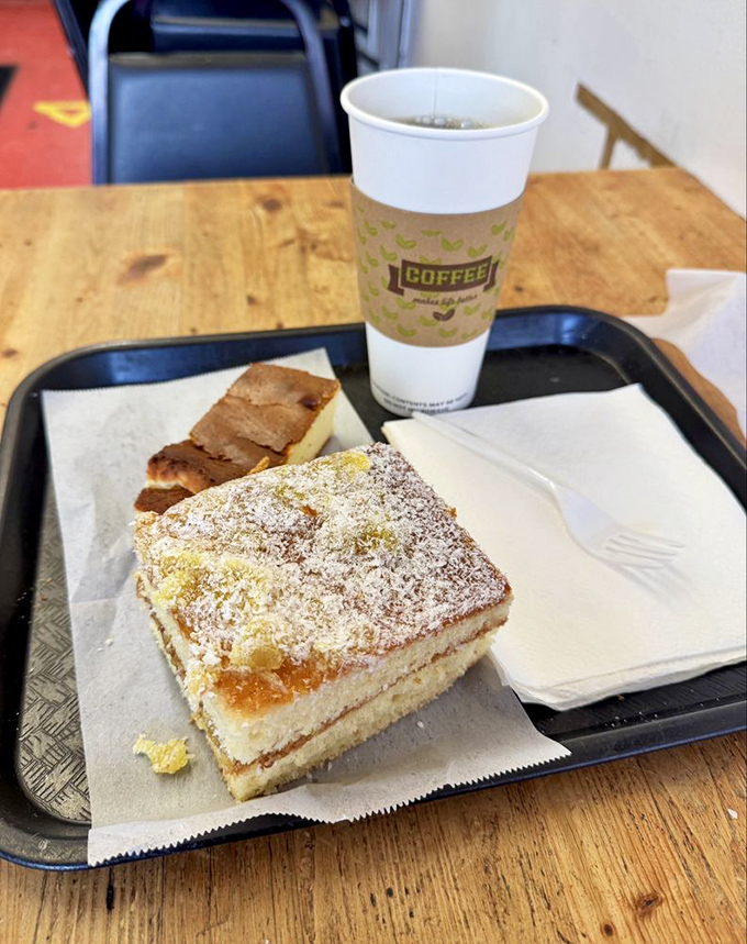 Coffee's soulmate has arrived. This square of heaven combines cake-like texture with a dusting of sugar that makes your fingertips part of the experience.