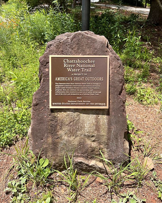 Every great journey deserves a proper introduction. This plaque marks the Chattahoochee River National Water Trail, America's liquid legacy preserved for afternoon adventurers.