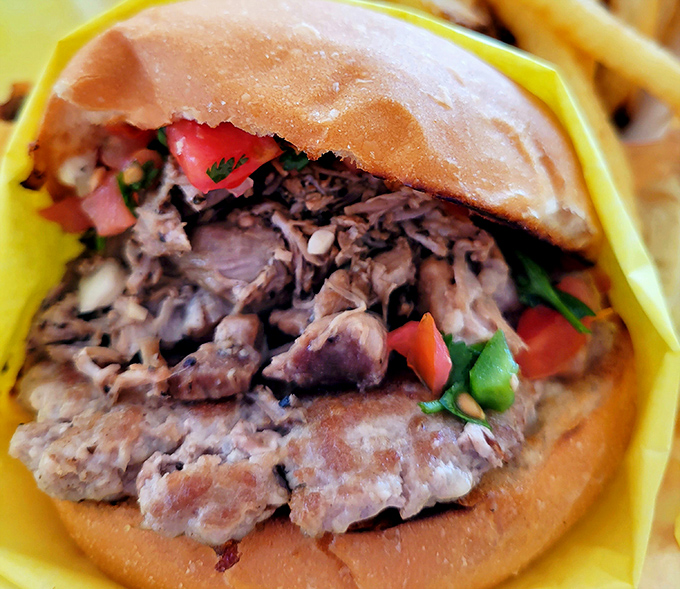 The pastrami sandwich with its jewel-toned veggie garnish is what would happen if a New York deli and a California farmers market had a delicious baby.