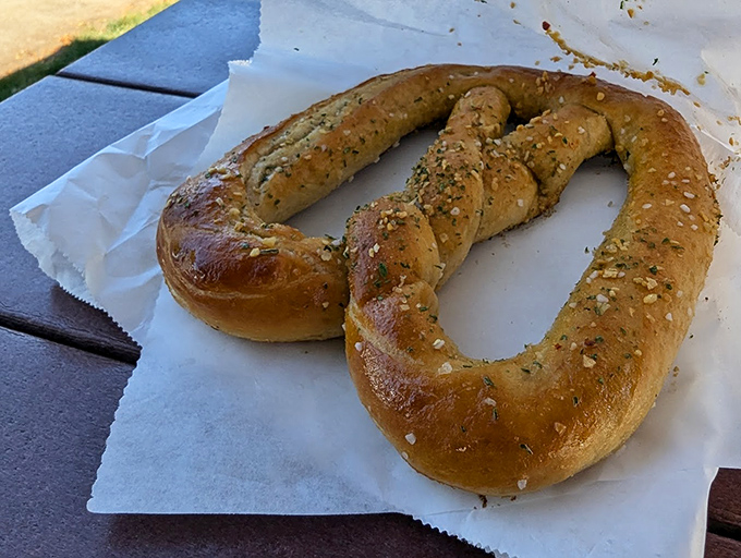 This isn't just any pretzel; it's the Michelangelo of pretzels &ndash; perfectly twisted, gloriously burnished, and waiting to fulfill its carb destiny.
