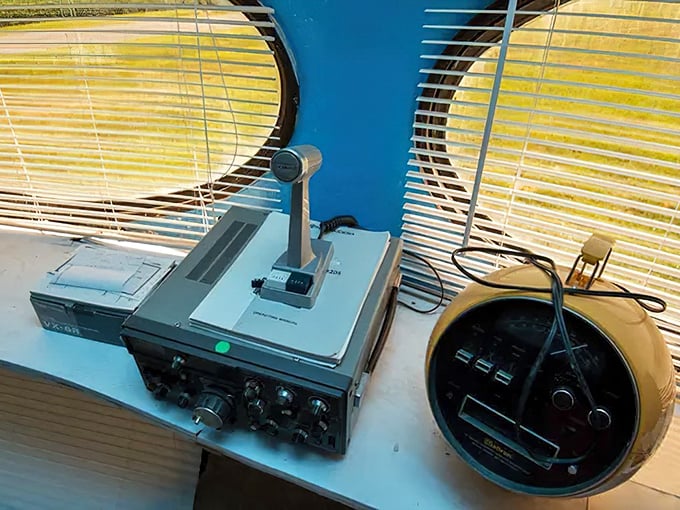 Even aliens need to stay connected. Vintage radio equipment inside the Futuro House reminds us this was high-tech living for the Space Age generation.