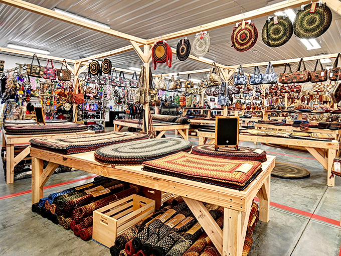 A tapestry of tradition unfolds in the rug section, where circular braided masterpieces showcase generations of craftsmanship hanging like colorful moons.