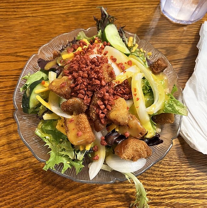Even the salads get the royal treatment here, with crisp greens, crunchy toppings, and enough color to make your average kale bowl weep with envy.