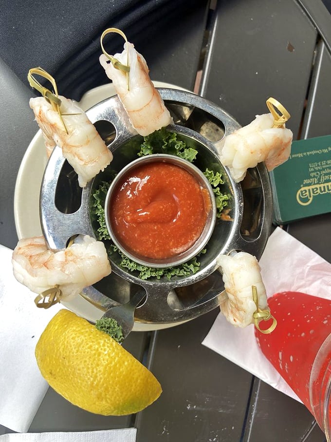 Shrimp cocktail: the supper club equivalent of a perfect opening act. These plump specimens stand at attention, ready for their horseradish-spiked bath.